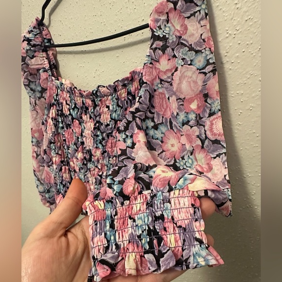 H&M | Tops | Hm Short Smocked Blouse Square Neckline Sheer Smock ...